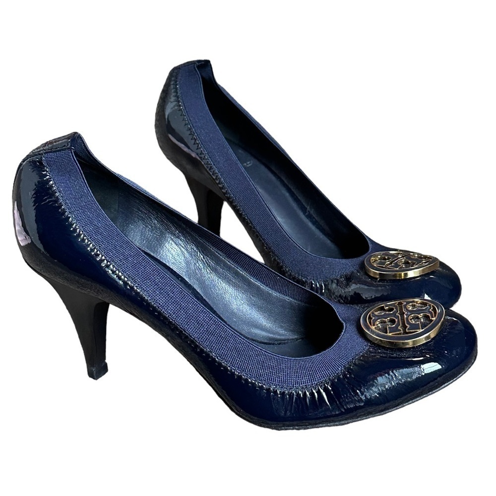 Tory Burch Caroline Navy Blue Patent Leather Gold Log… - Gem